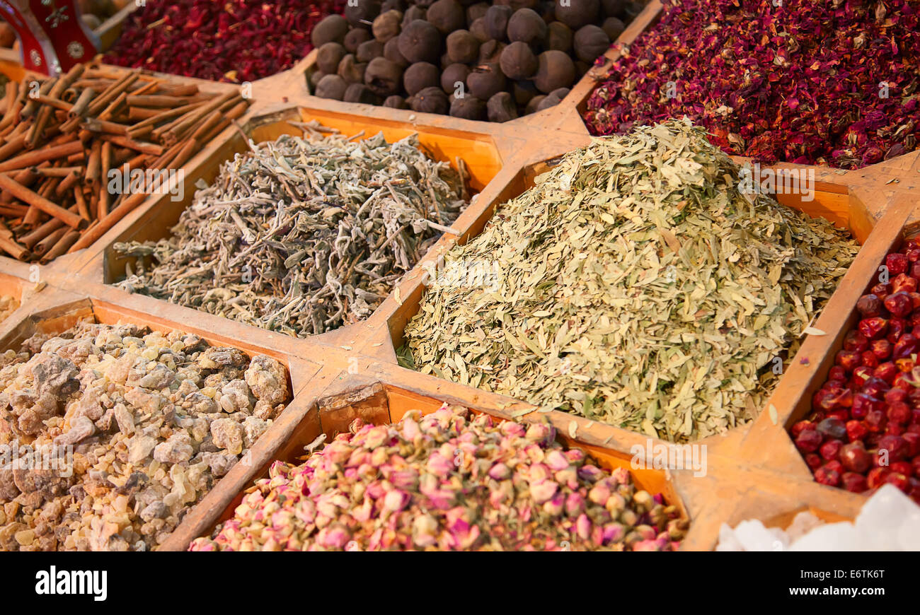 Colorful spices on the traditional arabian souk (market) in Dubai Stock ...