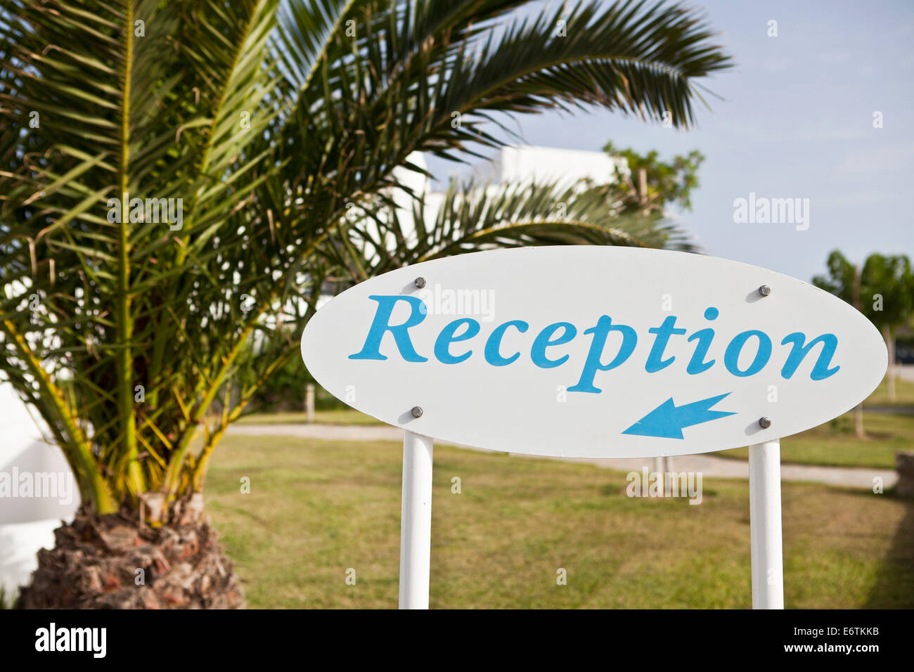 Hotel Reception sign on a garden Stock Photo - Alamy