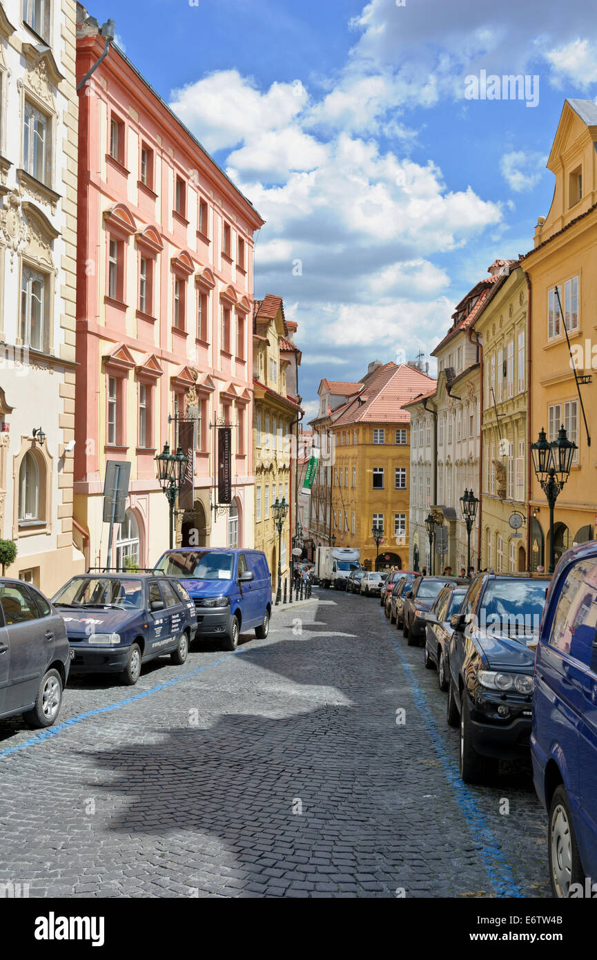 Rows of traditional buildings in Nerudova street in Prague, Czech ...