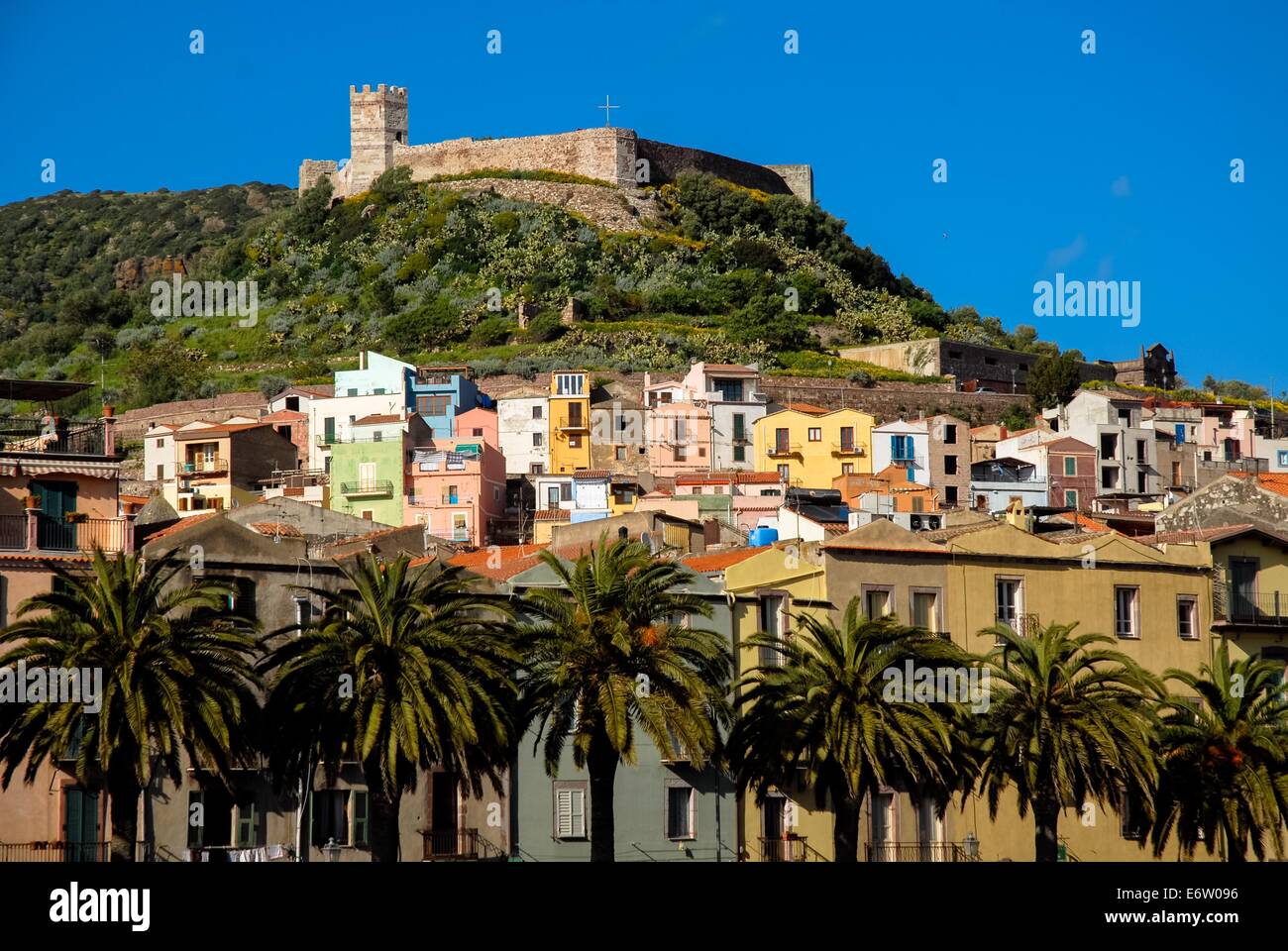 view at medieval village of Bosa with castle at Sardinia in Italy Stock ...