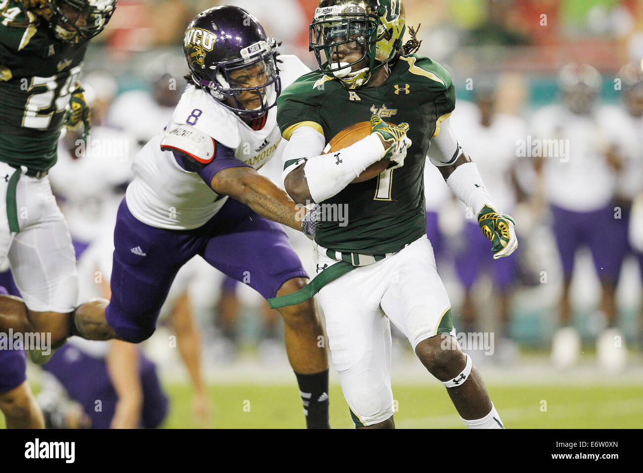 Florida, US. 30th Aug, 2014.South Florida kick returner Chris Dunkley ...