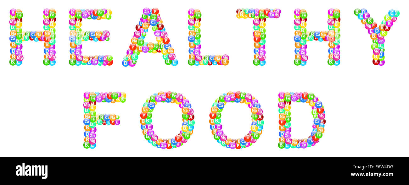 Healthy Food Word Concept Made Of Vitamins And Minerals Stock Photo - Alamy