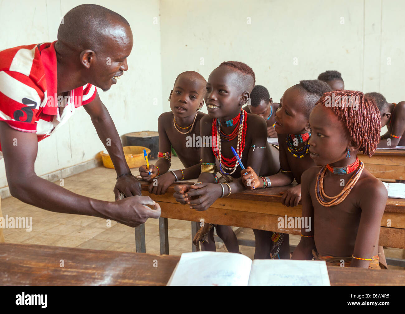 Hamer Tribe Kids With The Teacher In A School, Turmi, Omo Valley ...
