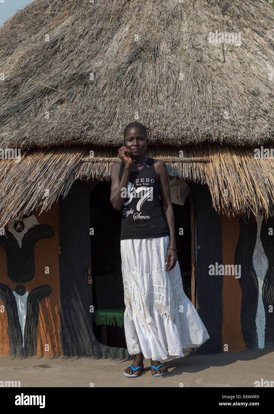 Nuer Tribe Woman Calling On A Mobile Phone, Gambela, Ethiopia Stock ...