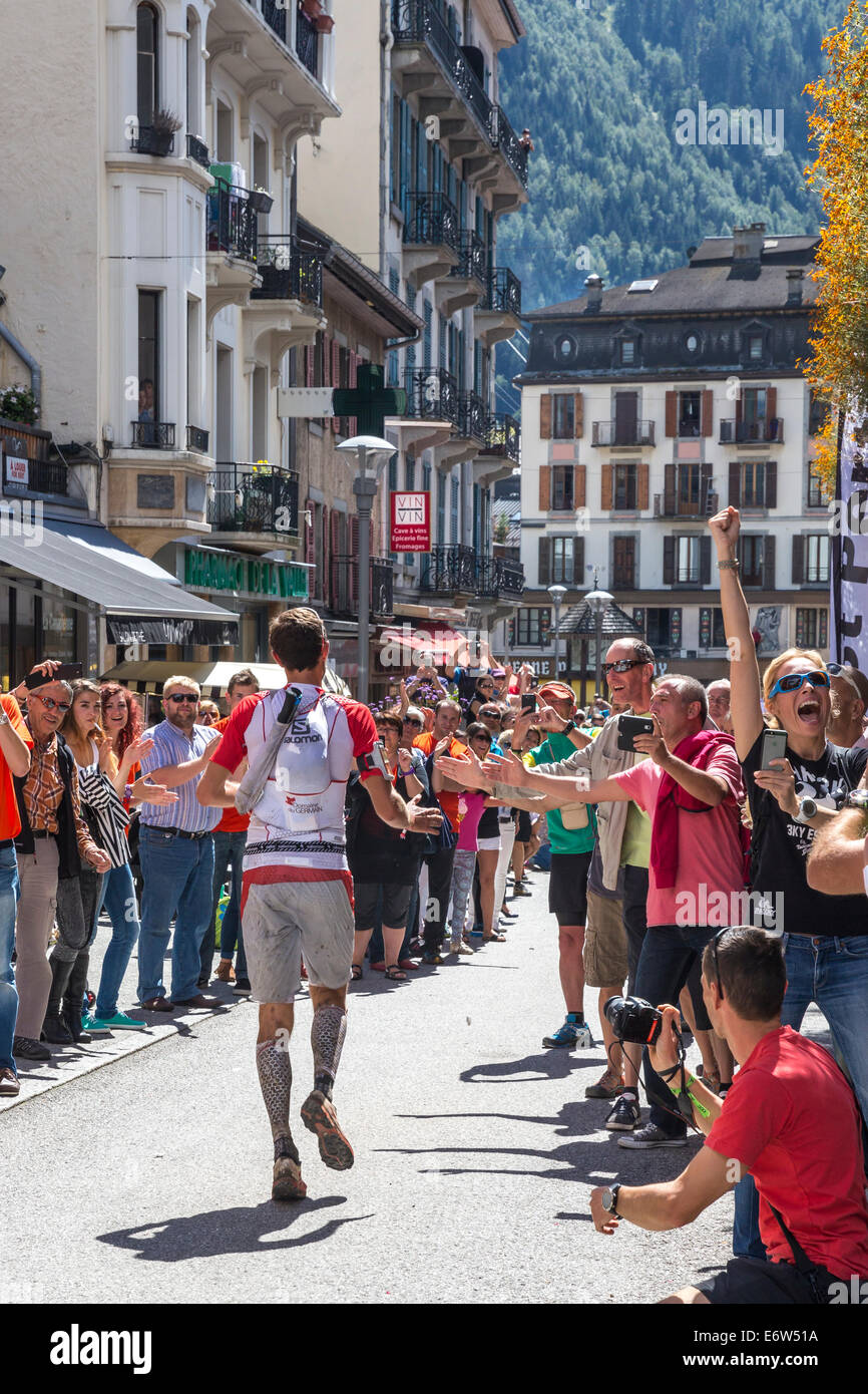 French ultra runner François D'Haene enters Chamonix town centre on his ...