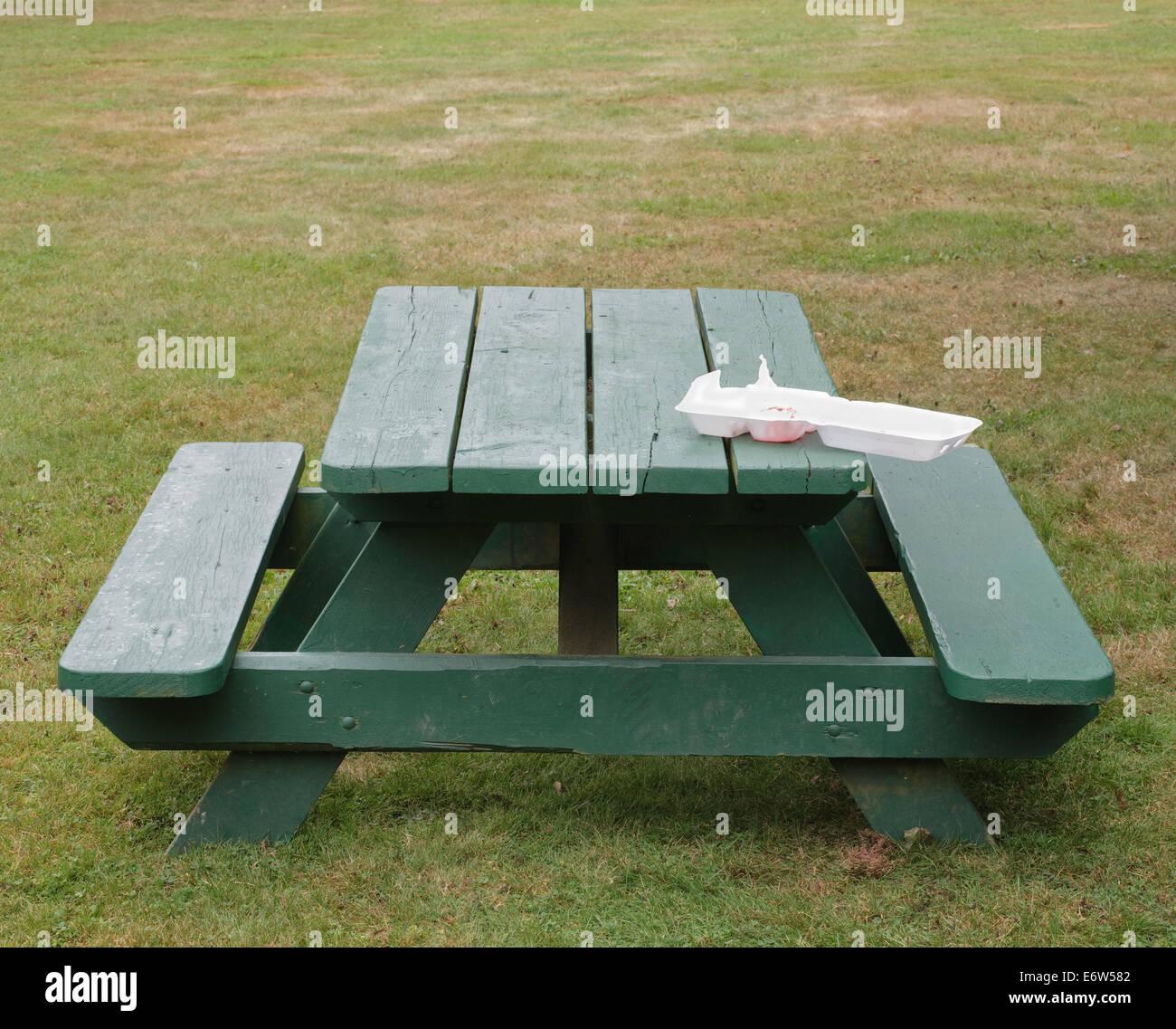 Green picnic table on grass with trash left on table Stock Photo - Alamy