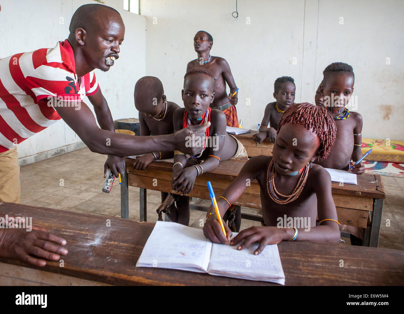 Hamer Tribe Kids With The Teacher In A School, Turmi, Omo Valley ...