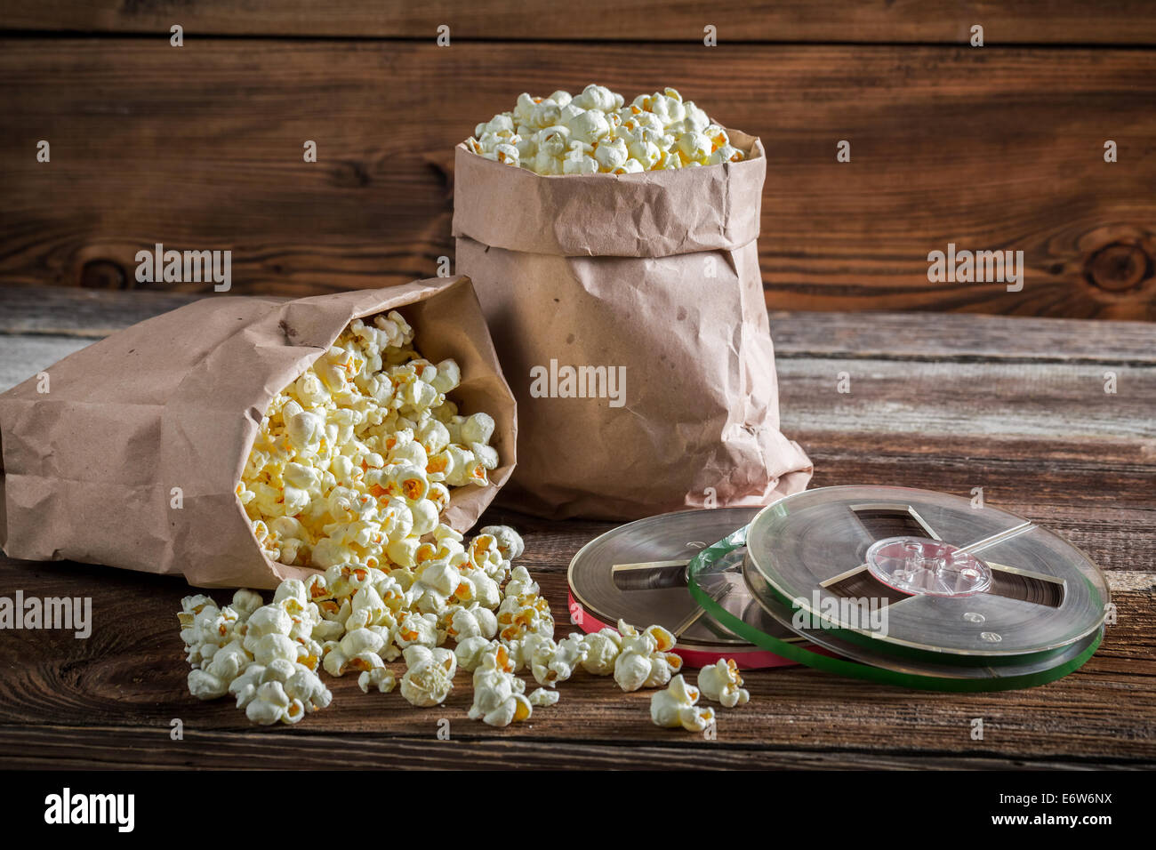 Rustic popcorn and reel tapes Stock Photo - Alamy