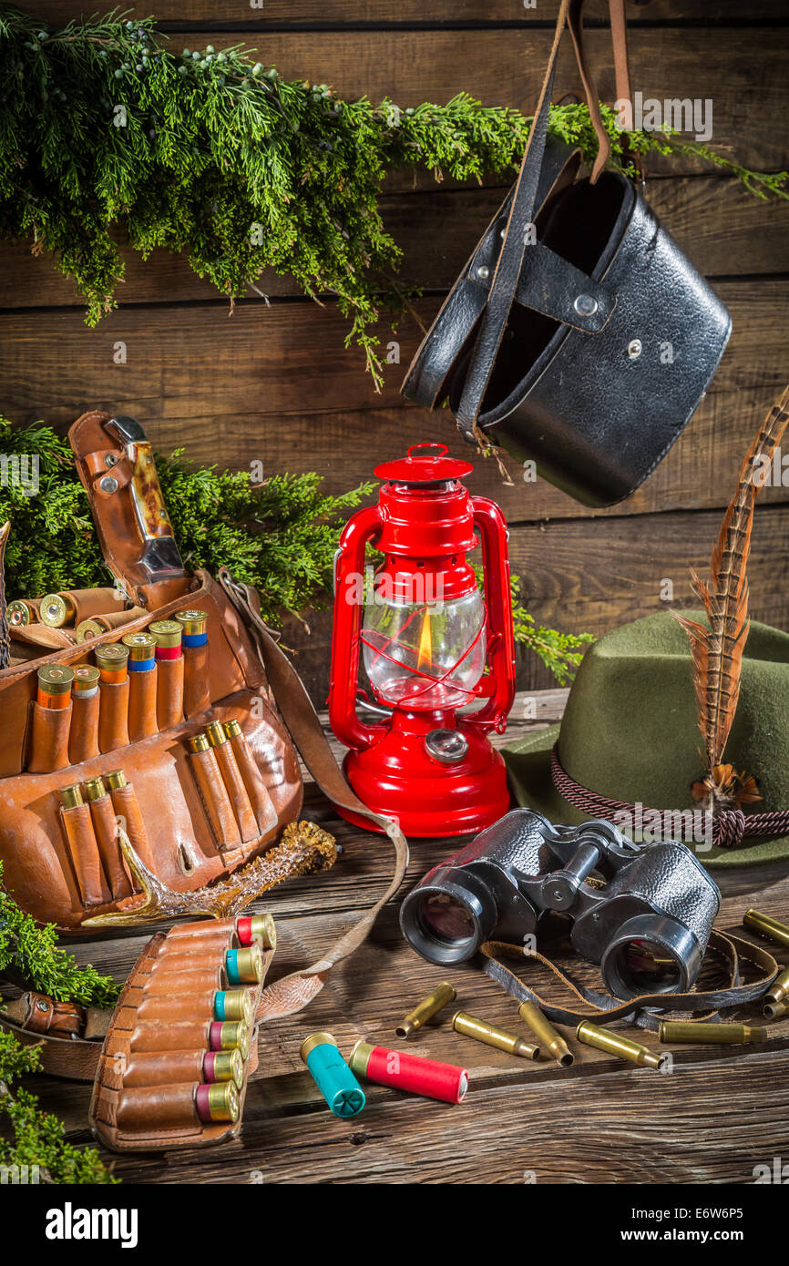 Forester lodge full of hunting equipment Stock Photo - Alamy