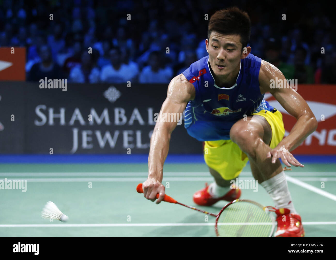Copenhagen, Denmark. 31st Aug, 2014. Chen Long of China returns the ...