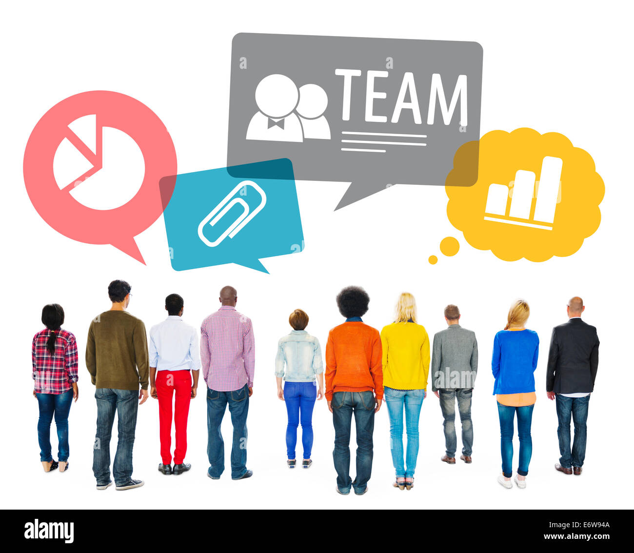 Multiethnic Diverse People Facing Backwards with Speech Bubbles Stock ...