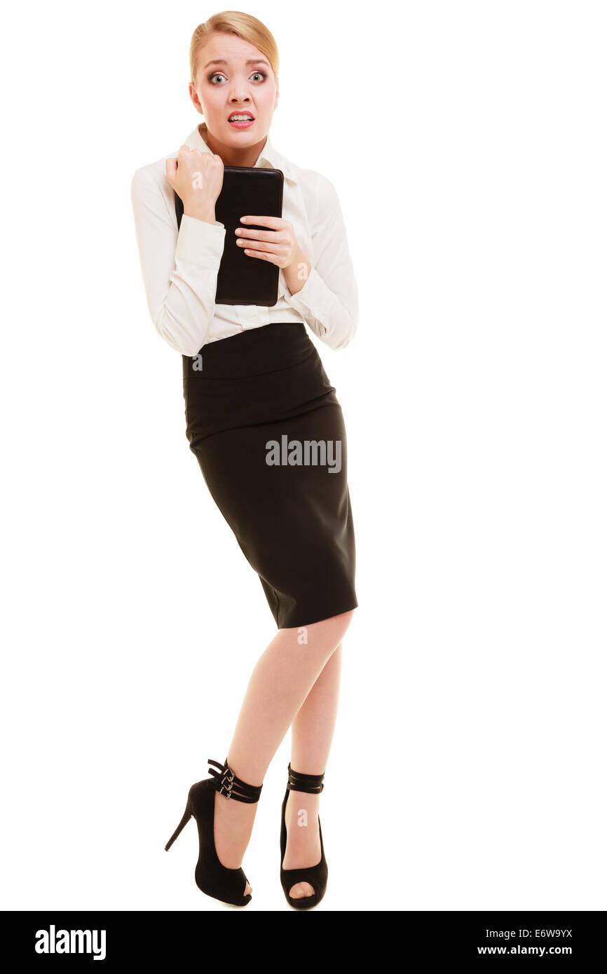 Full length of emotional afraid businesswoman shy woman isolated on ...