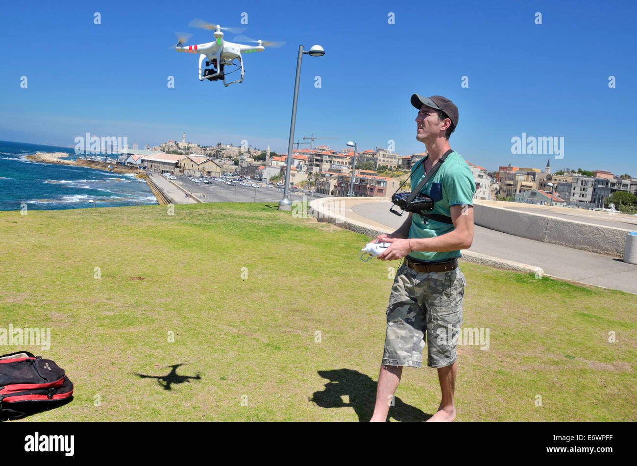 Man rules drone on Jaffa Promenade in Jaffa Old City, Israel Stock ...