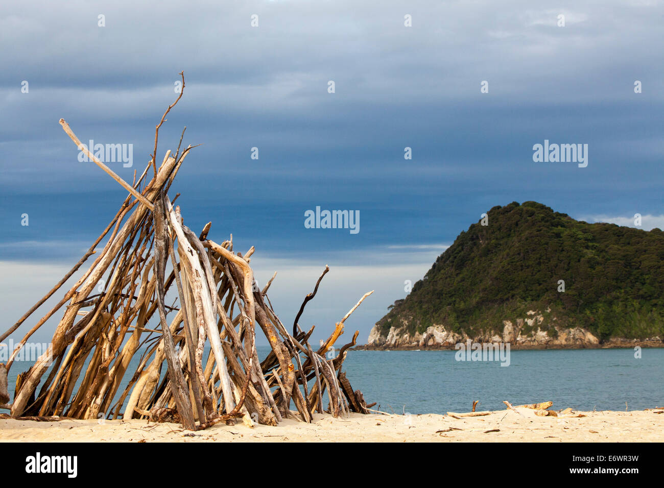 Driftwood tipi, teepee, Awaroa Inlet, Abel Tasman Coastal Track, one of ...