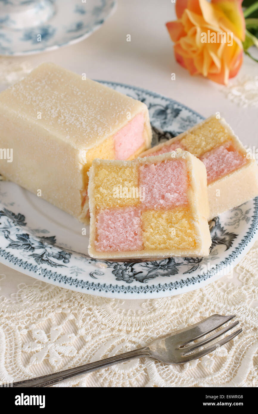 Battenberg Cake or Battenberg Square a sponge cake with pink a yellow ...