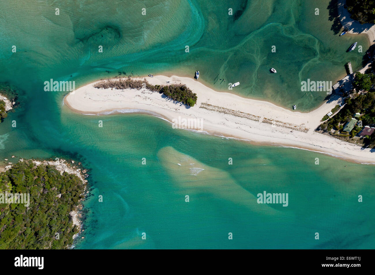Aerial view of the Awaroa Inlet with turquoise coloured sea, Abel ...