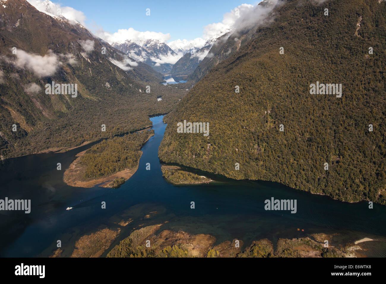 Aerial view of Milford Sound with Sandfly Point and Arthur River ...
