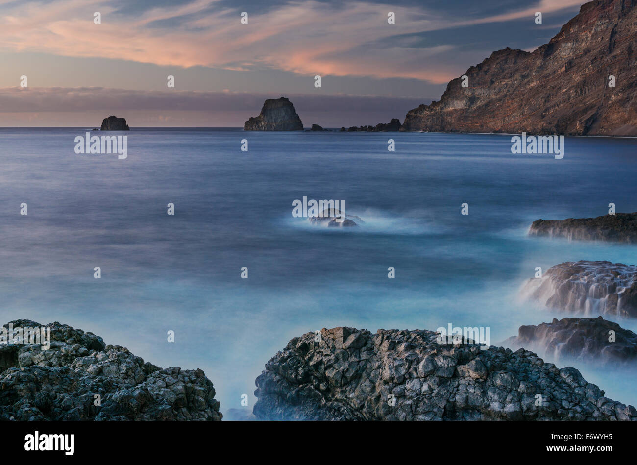 Columnar jointed lavas and the sea stacks of Roques de Salmor, Las Puntas, El Hierro, Canary ...