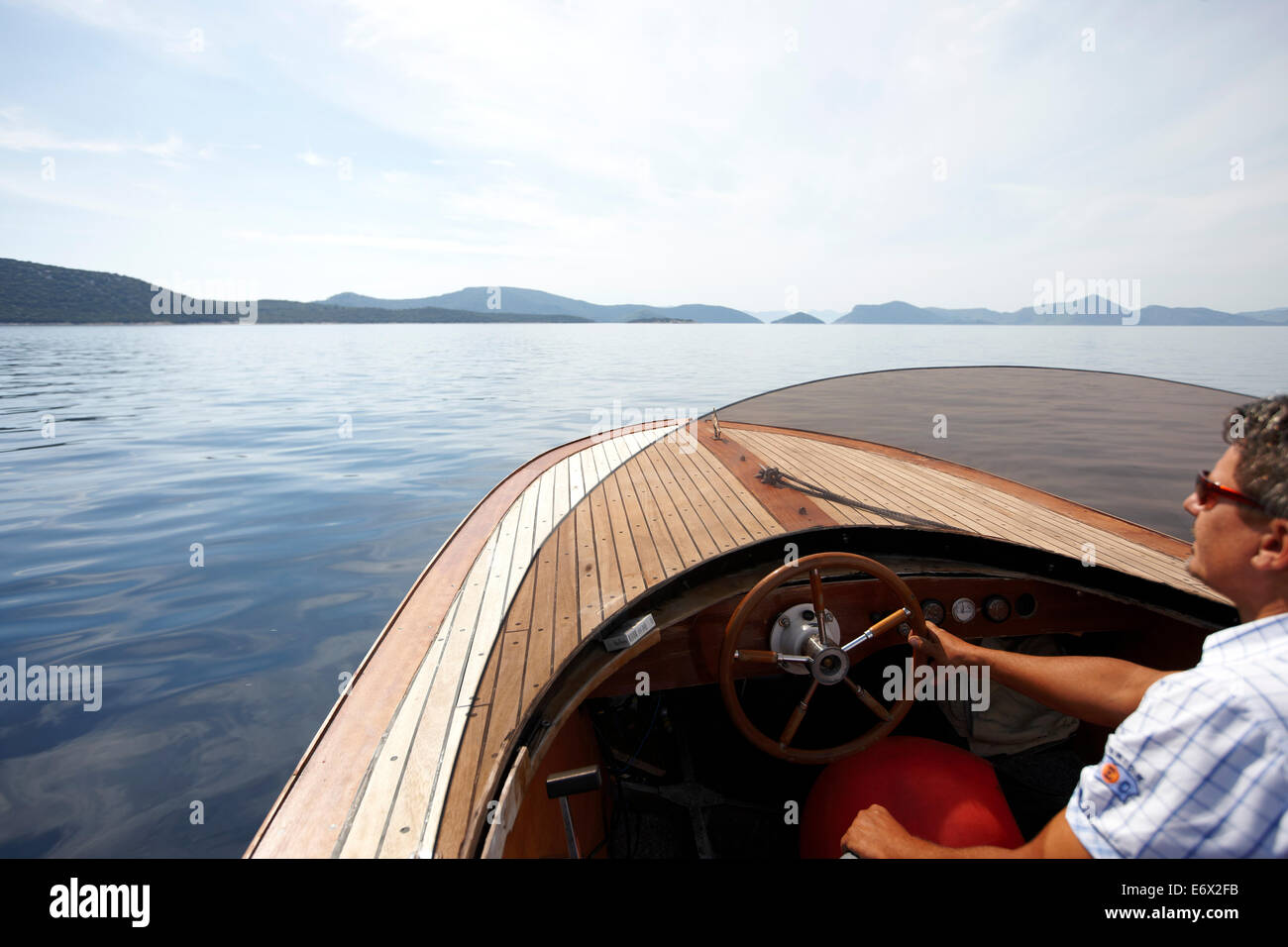 Motor boat on the Adriatic Sea near Sipanska Luka, Sipan island ...