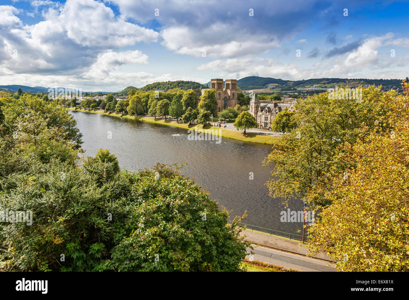 RIVER NESS INVERNESS SCOTLAND TREE LINED BANKS AND THE CATHEDRAL Stock ...