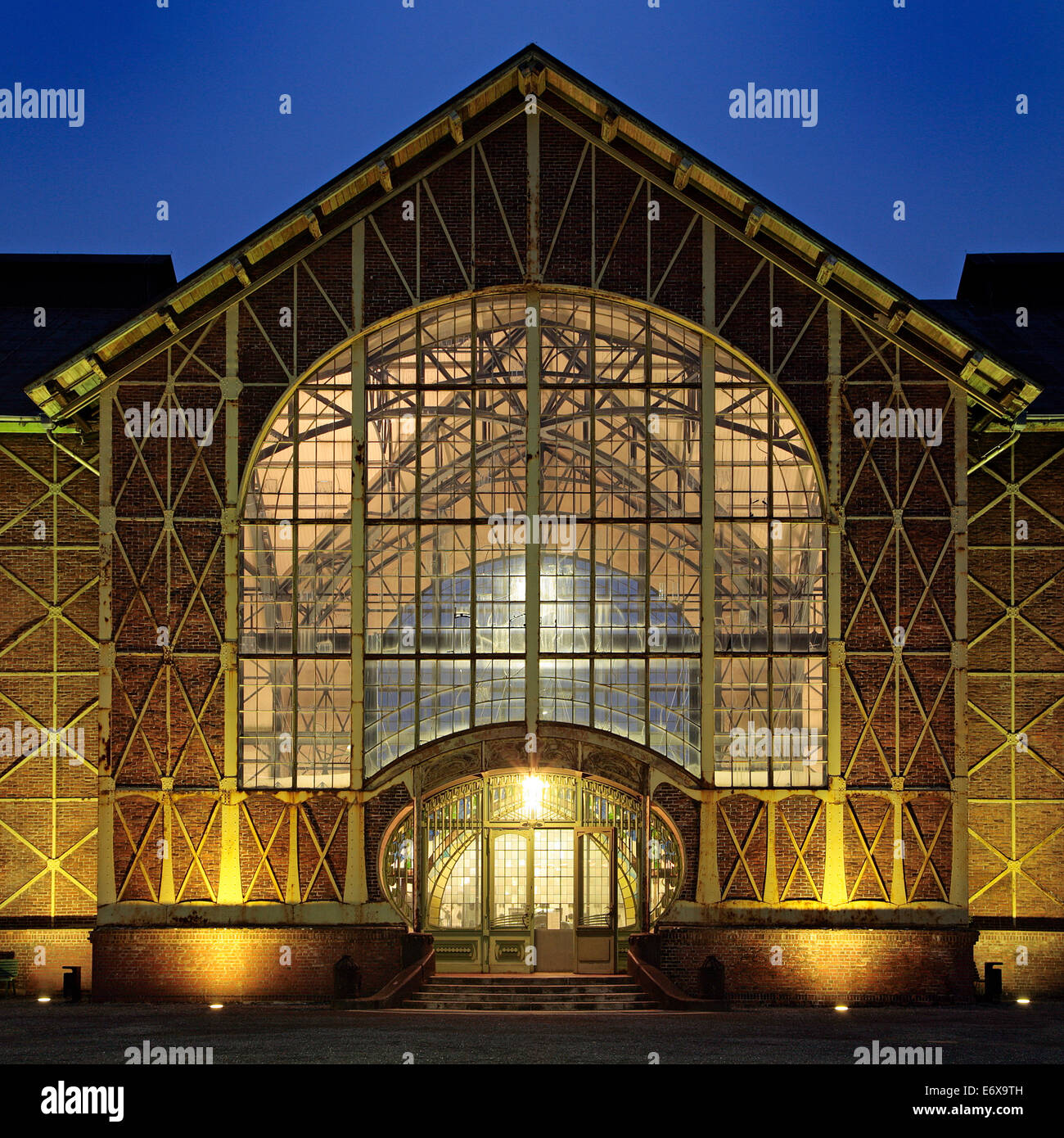 The illuminated machine hall of the Zeche Zollern II-IV mine, Dortmund ...