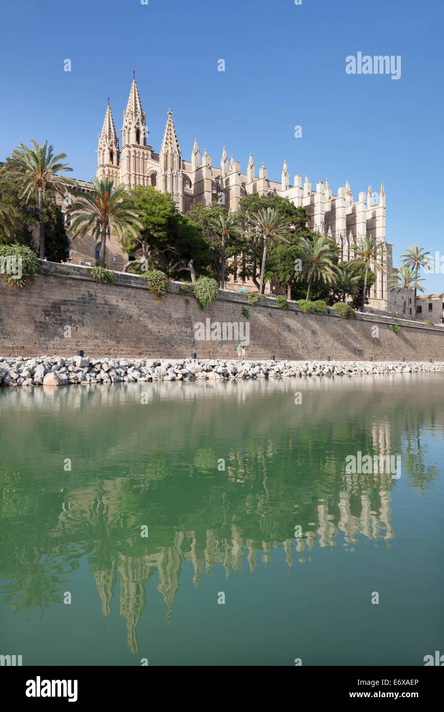 Palma Cathedral at the marine park Parc de la Mar, Palma de Majorca ...