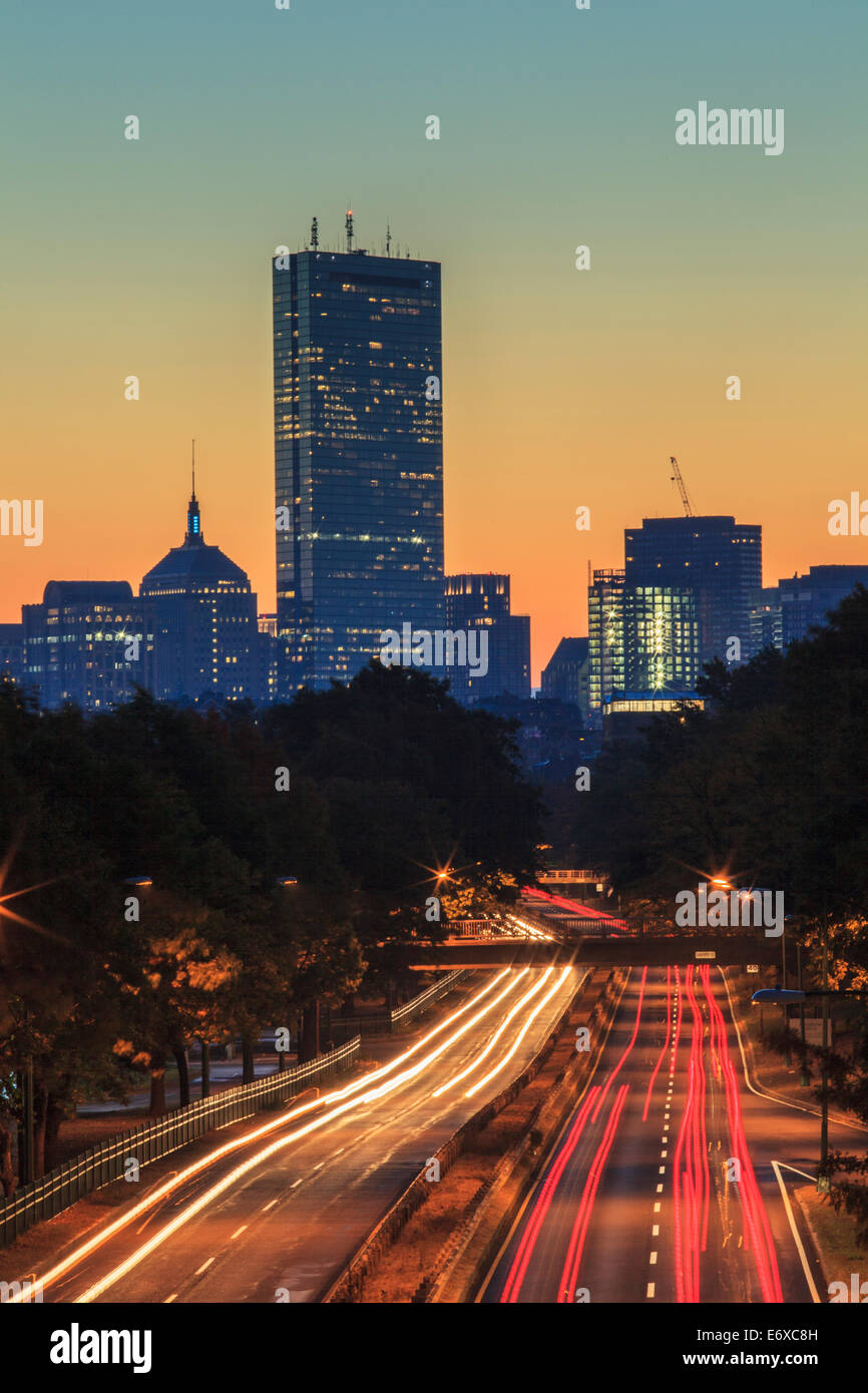 Storrow Drive at dawn with skyline in background, Boston, Massachusetts ...