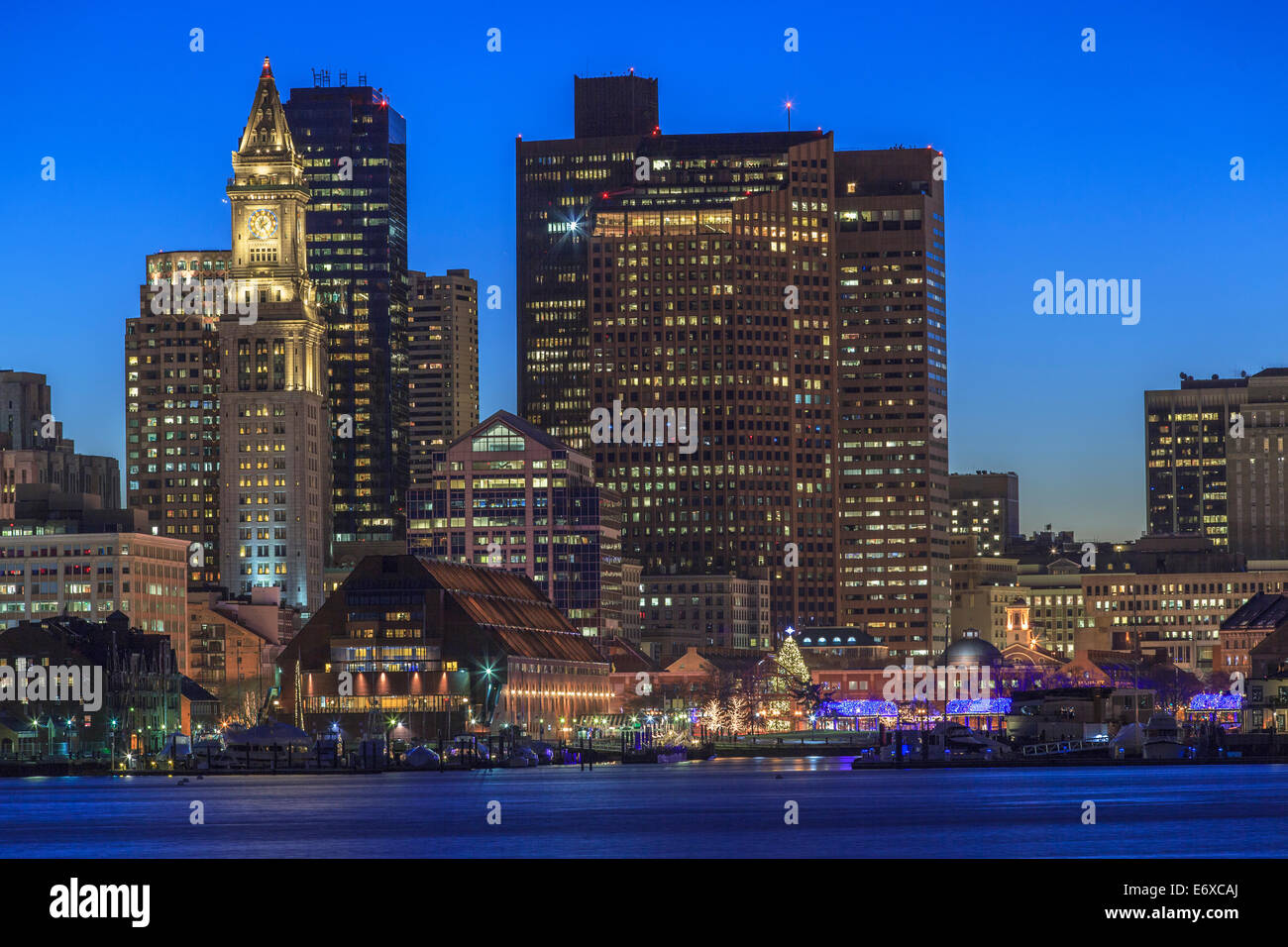 Boston skyline at dusk viewed from East Boston, Massachusetts, USA ...