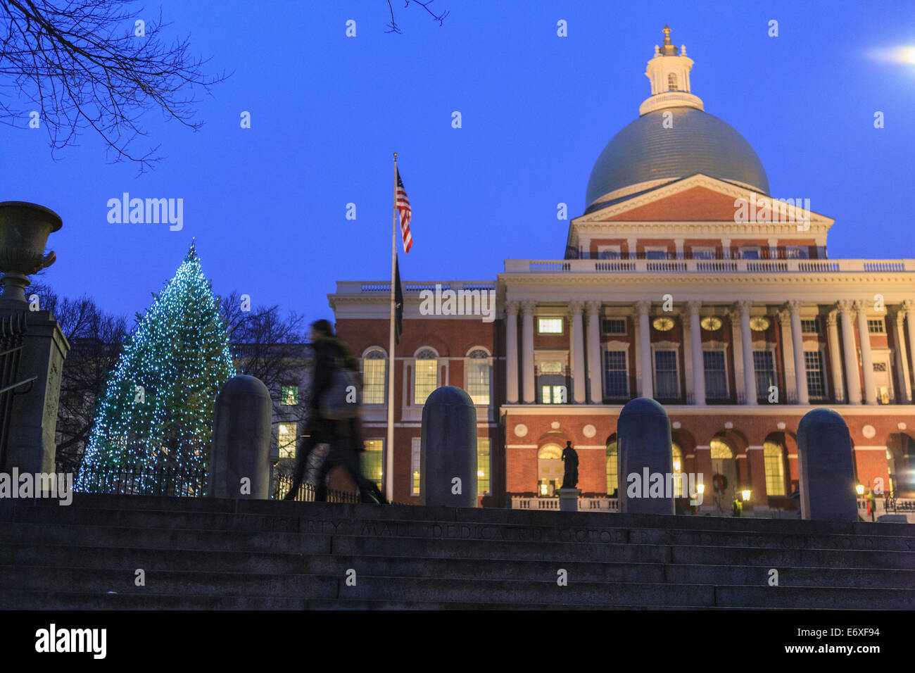 Boston State House at dusk on New Year's Eve and holiday tree, Boston ...
