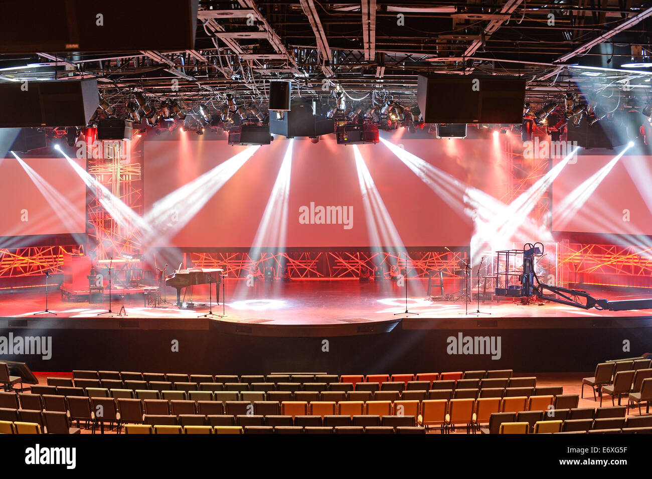 Diverse concert lights on stage with musical instruments Stock Photo ...