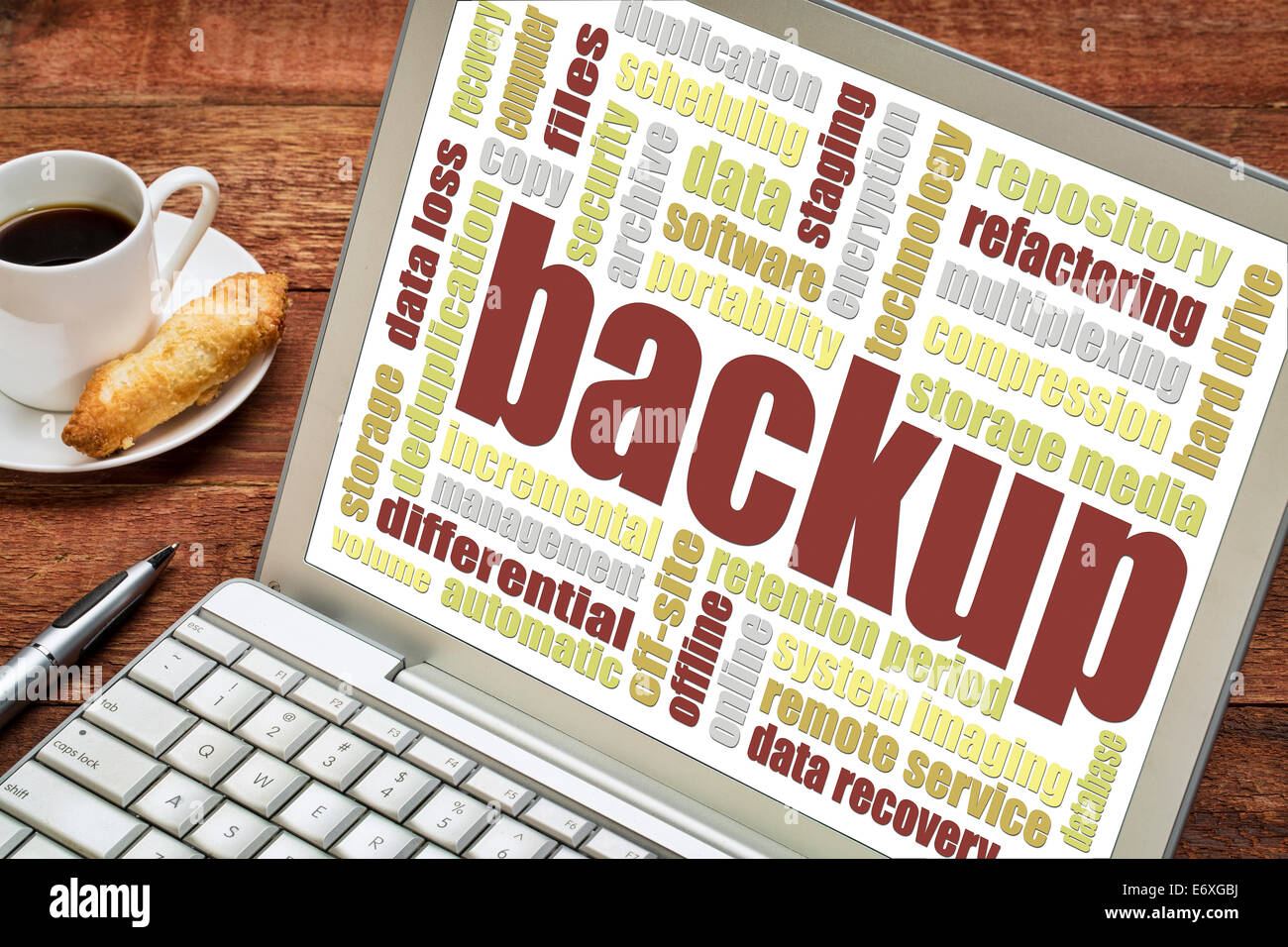 backup word cloud on a laptop screen with a cup of coffee and cookie ...