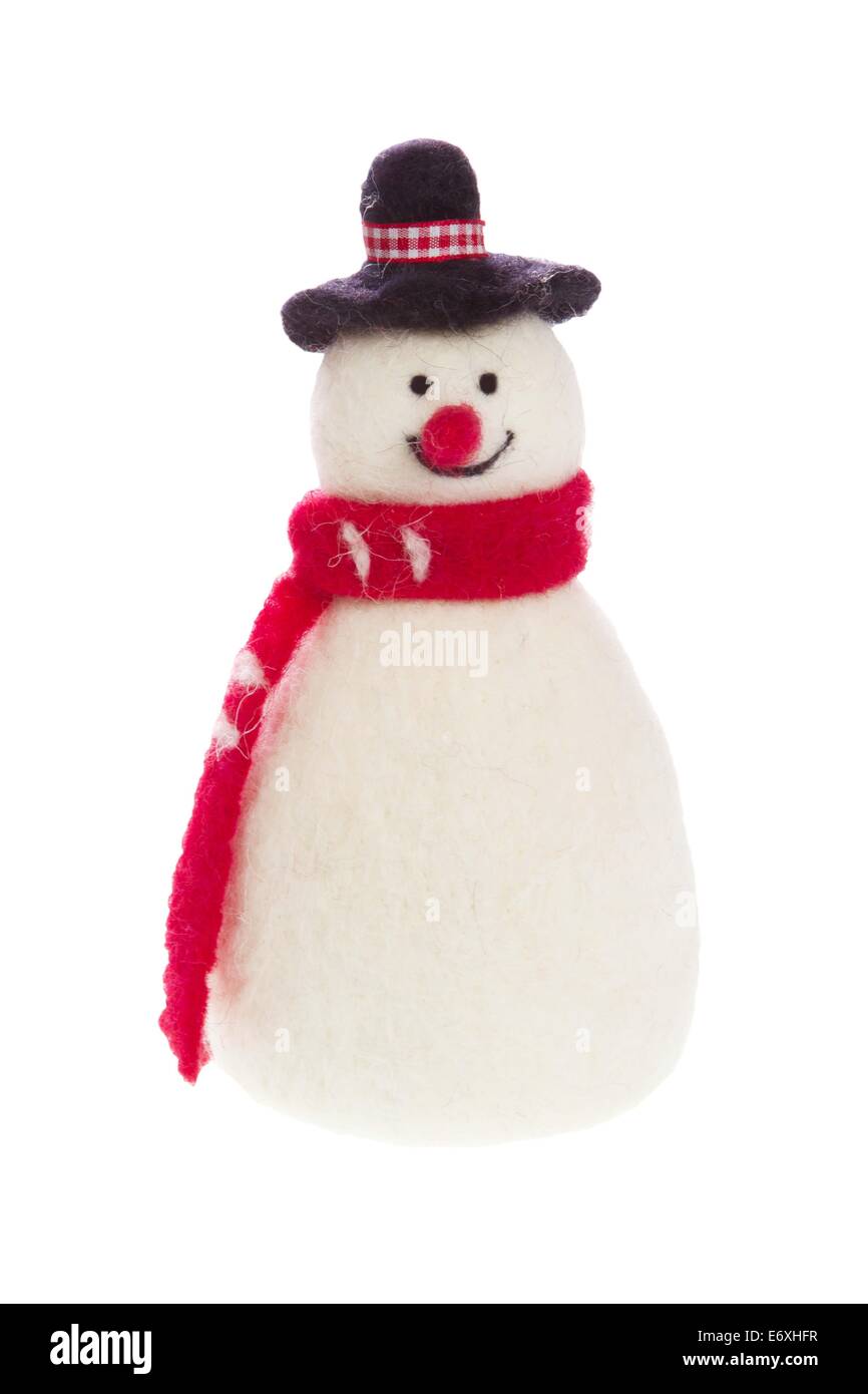 Isolated handmade snowman with felt with a red scarf on a white ...