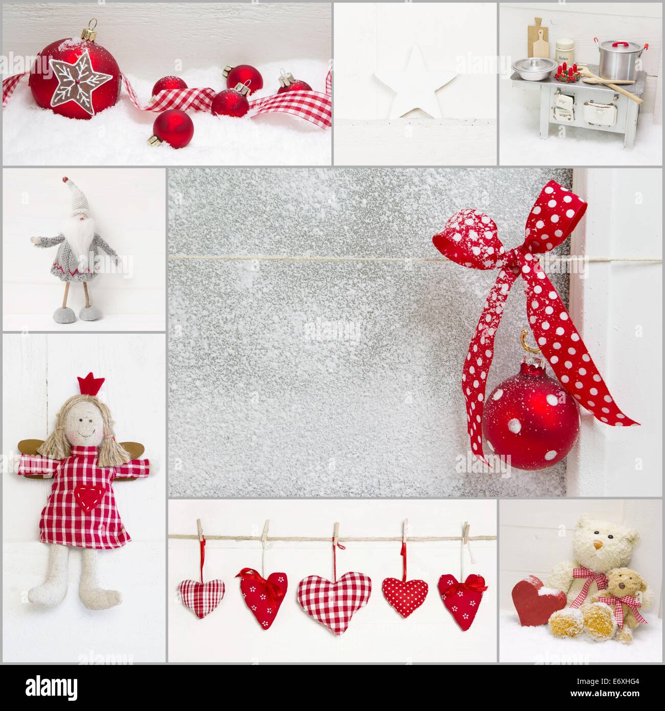 Collage of red and white christmas decoration with red checked heart ...