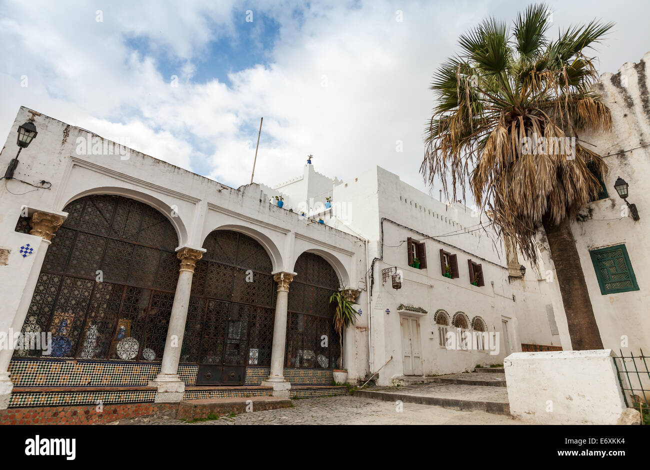 Tangier, Morocco. Old Medina street view with palm tree Stock Photo - Alamy