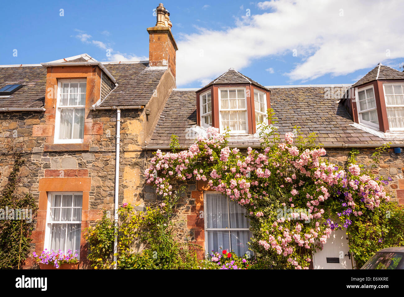 Stone cottage with windows and climbing roses Stock Photo - Alamy