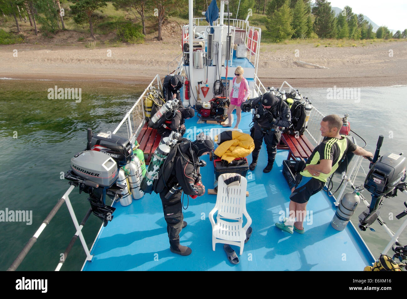 Divers preparing to dive. lake Baikal, Siberia, Russia, Eurasia Stock ...