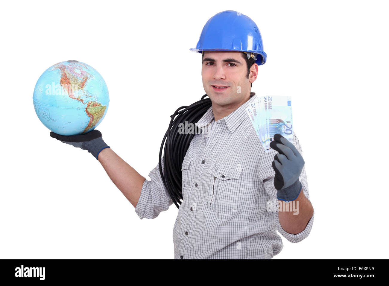Electrician holding globe and cash Stock Photo - Alamy