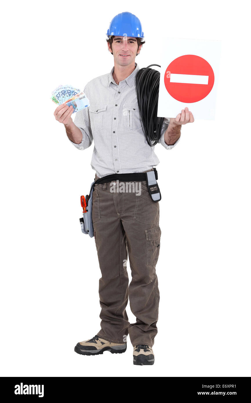 road worker holding a traffic sign and bills Stock Photo - Alamy