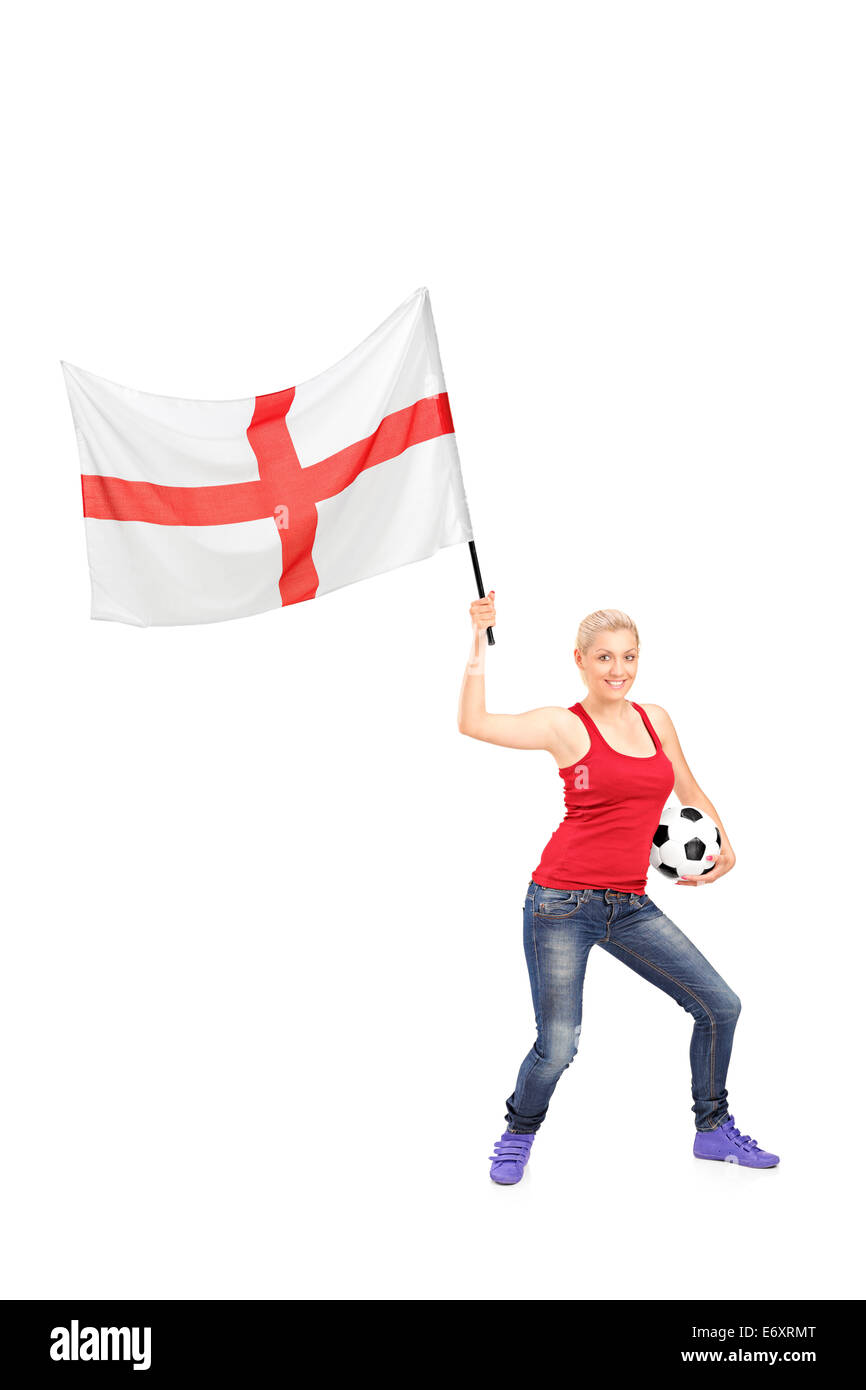 Full length portrait of a female football fan waving an English flag ...