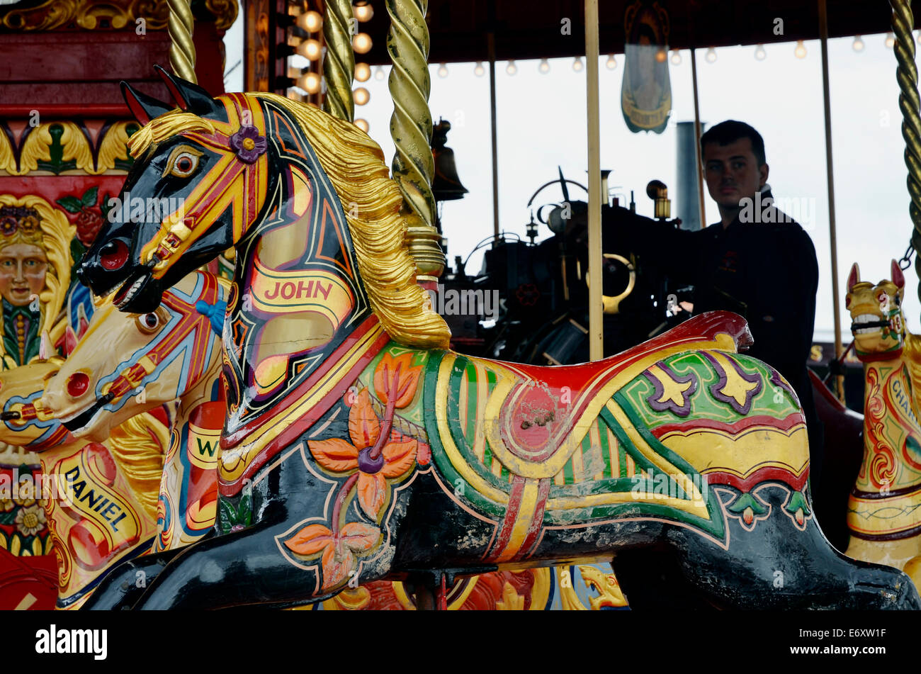 Beautifully painted gallopers on a traditional steam powered carousel ...