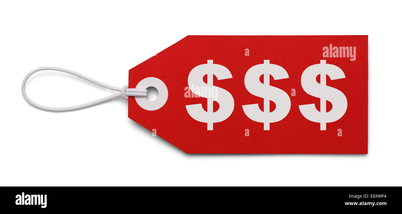 Large Red Tag with several Money Symbols Isolated on White Background ...