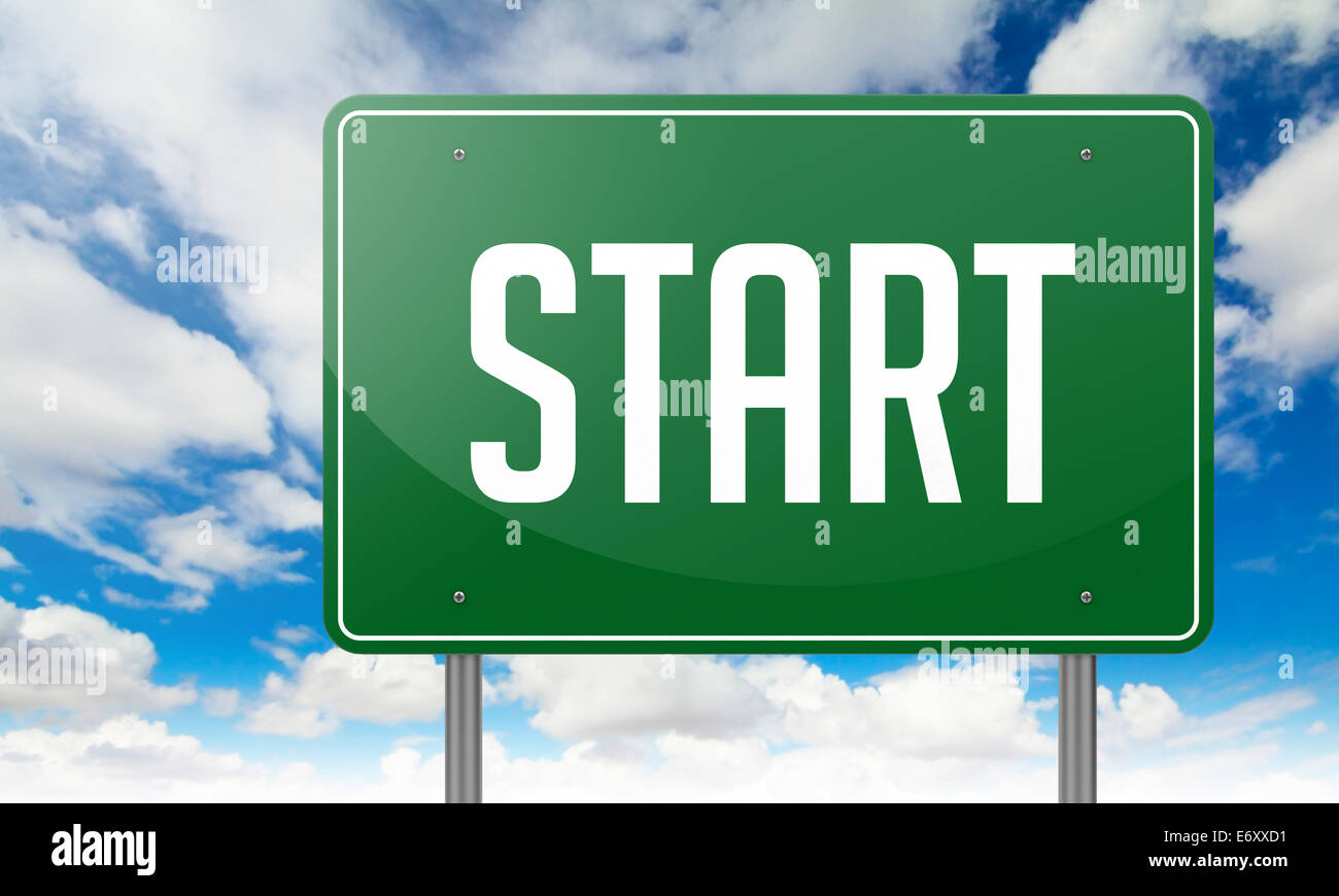 Start on Green Highway Signpost Stock Photo - Alamy