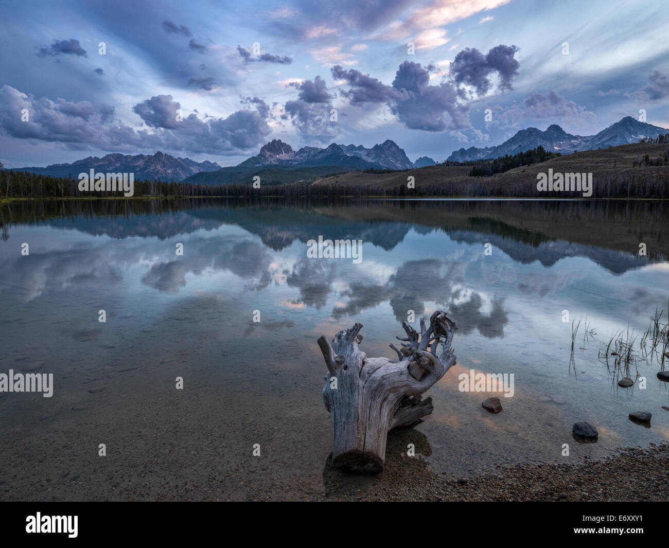 The Sawtooth Peaks reflect into Little Redfish Lake on the edge of the ...