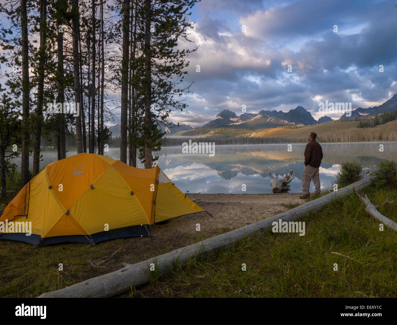 The Sawtooth Peaks reflect into Little Redfish Lake on the edge of the ...