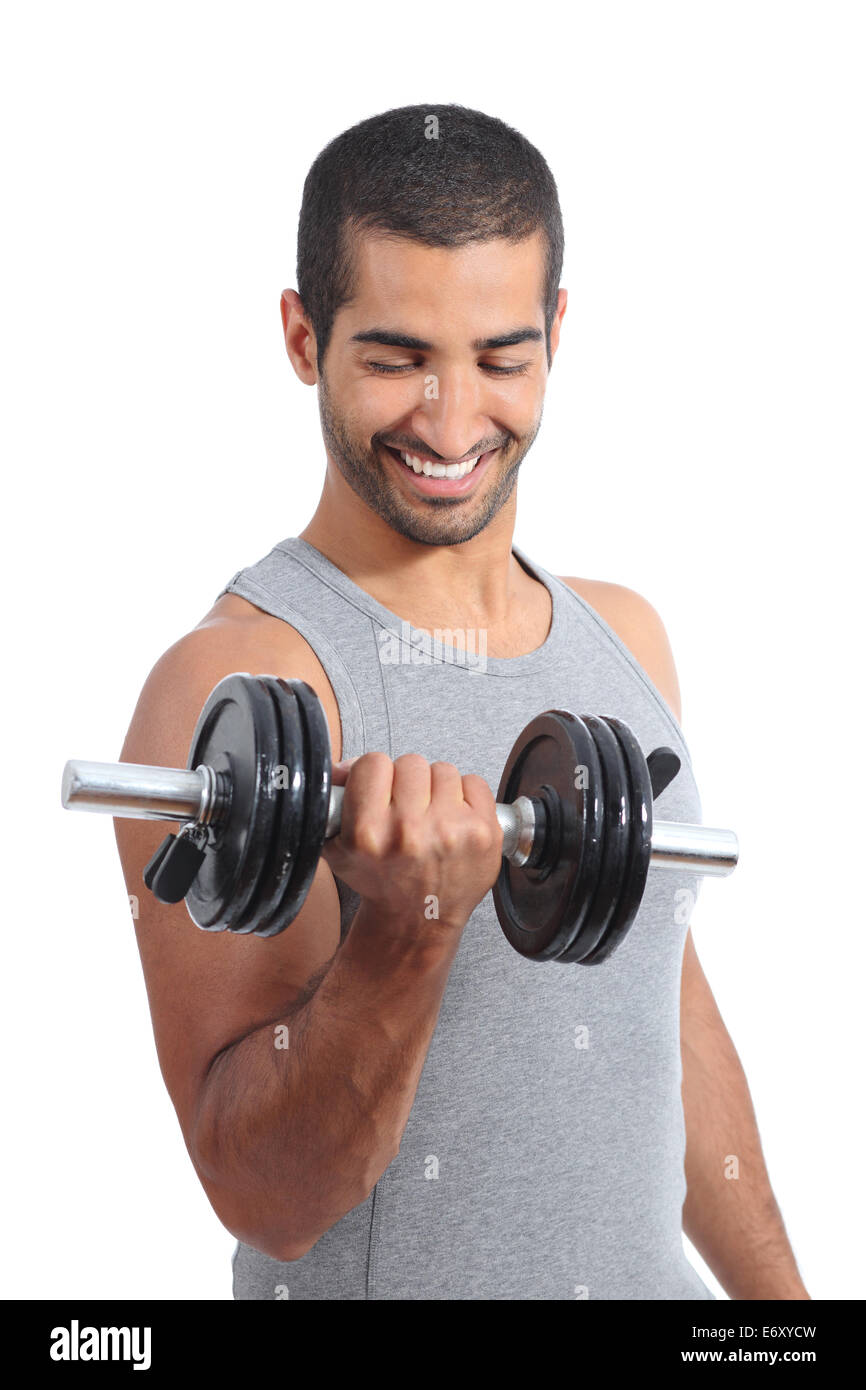Arab happy man exercising lifting weights isolated on a white ...