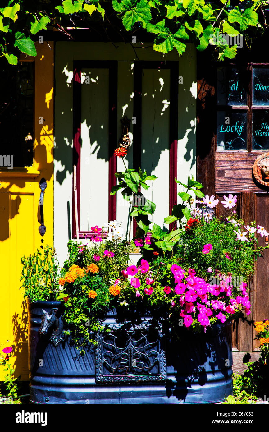 Door with Flower Planters Stock Photo - Alamy