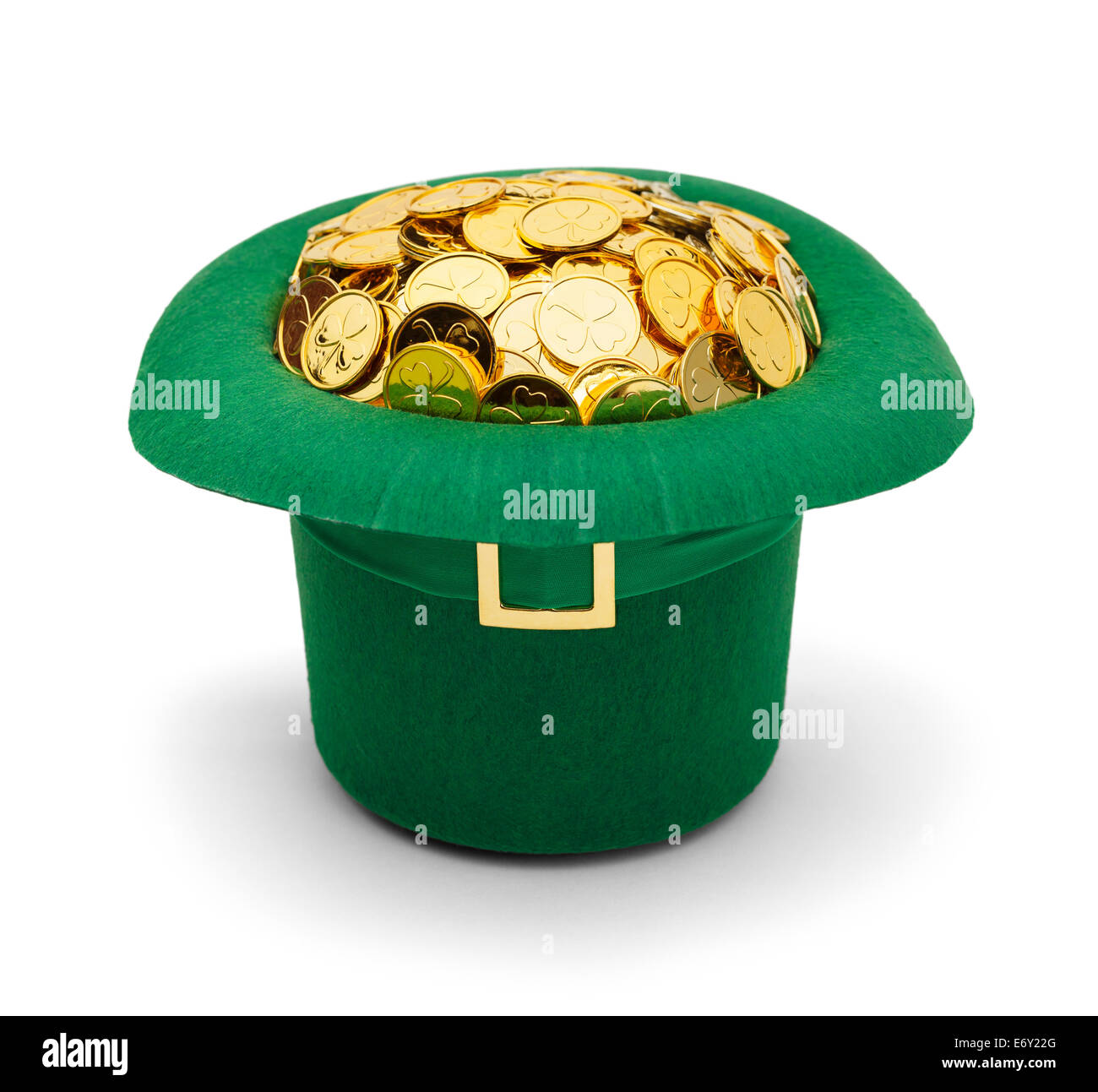 Green Felt Top Hat Upside Down Filled Up with Gold Coins Isolated on ...