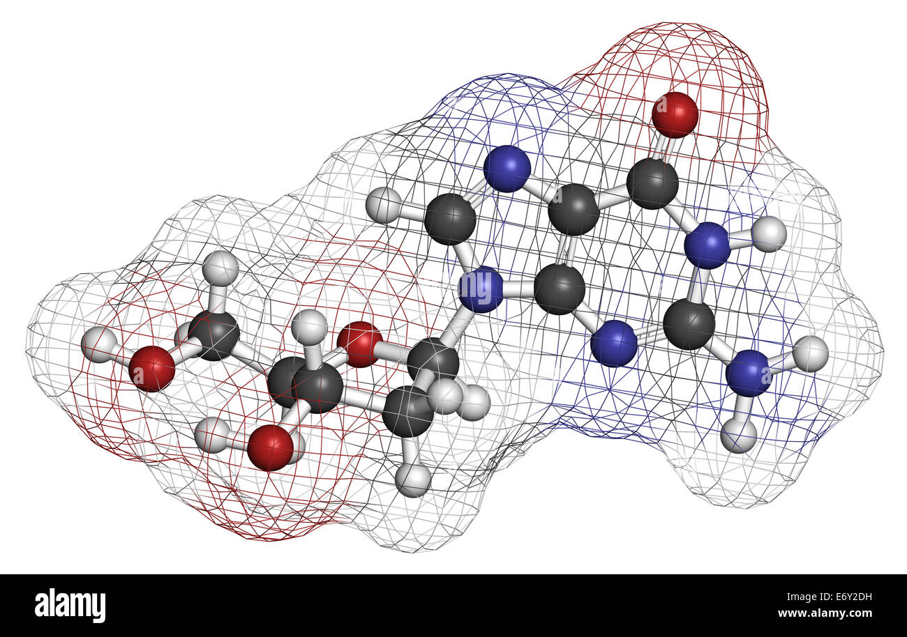 Deoxyguanosine (dG) nucleoside molecule. DNA building block. Atoms are ...