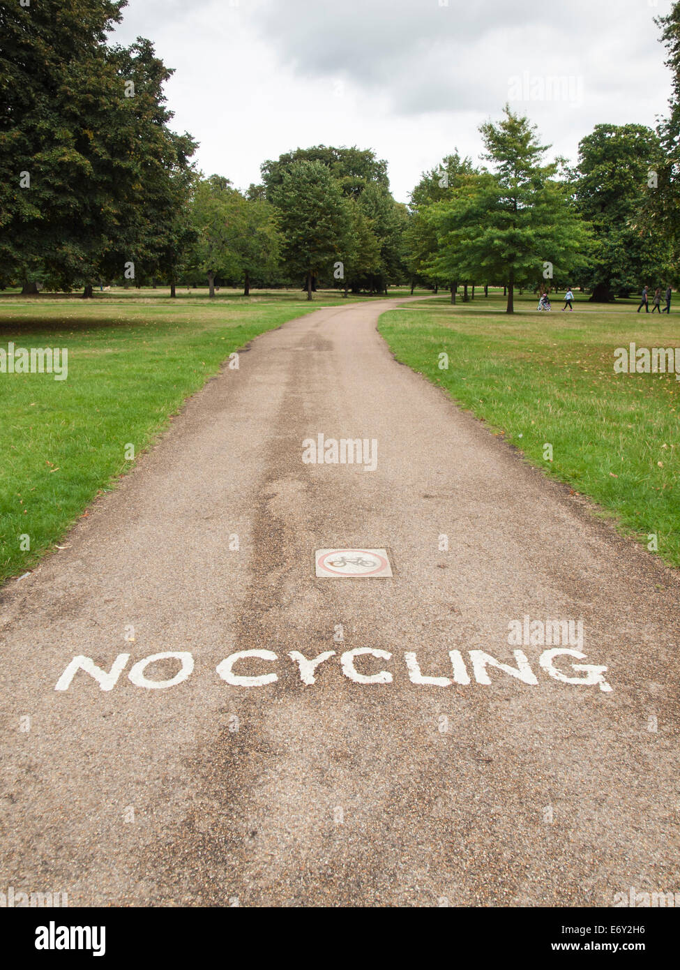 a wide path carrying the text "no cycling" through a leafy green london ...