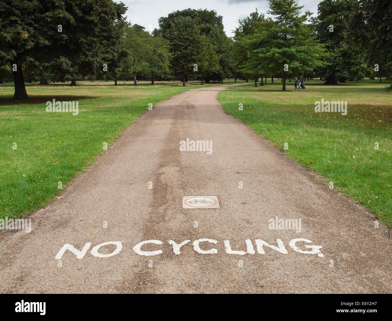 a wide path carrying the text "no cycling" through a leafy green london ...